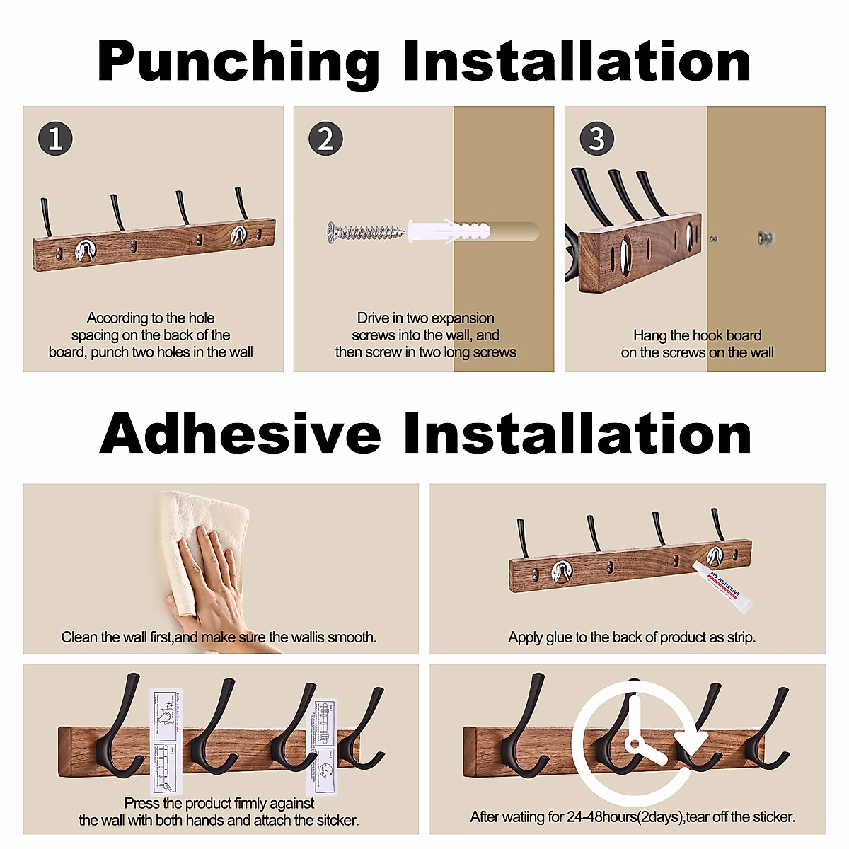 LECHYN 17.3" Small Walnut Wood Coat Rack Wall Mount with 4 Hooks, Heavy Duty Wooden Jacket Hanger Door Mounted for Decorative Entryway and Bathroom Hanging Towel Backpack Purse Clothes Hat Key Black