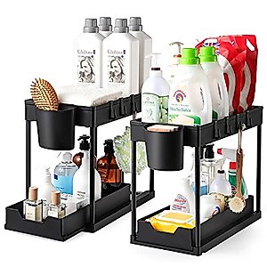 2 Pack Under Sink Organizers and Storage,Multi-purpose Storage Rack For Kitchen Bathroom Under Sink With 4 Hooks and A Hanging Cup, 2 Tier Under Sink Organizers with Sliding Bottom Basket,Black