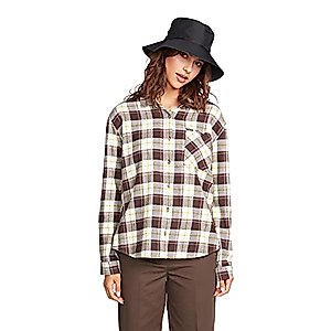 Volcom Women's Plaid to Meet U Long Sleeve Flannel Shirt, Espresso, X-Small