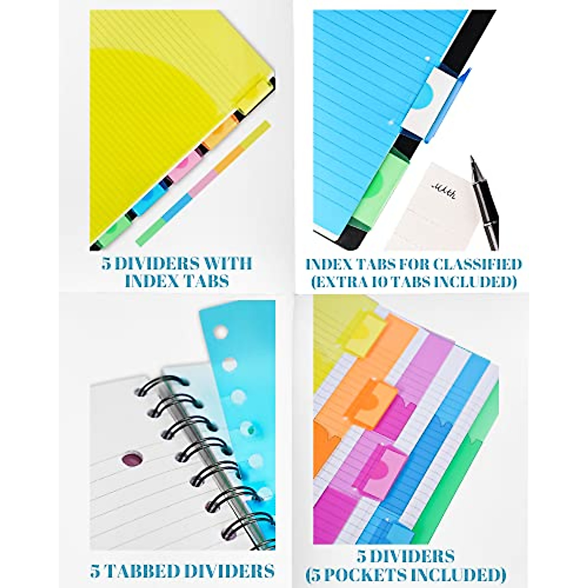 MOWEE Spiral Notebook - 5 Subject Notebook, College Ruled Notebook 3-Hole Punched With Dividers, Storage Pockets, 11" Ruler, 200 Pages, for Writing Journal, Home &Office, School Supplies, 8.1''x11.7''（Black）