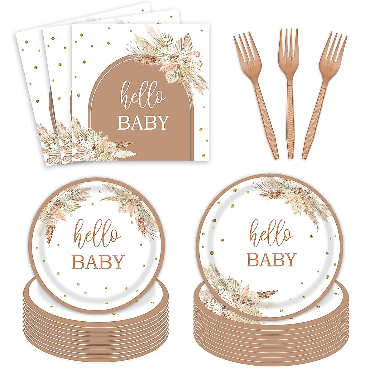 96pcs Boho Baby Shower Party Plates and Napkins Tableware Set for 24 Guests Bohemian Pampas Grass Floral Rainbow Arch Party Dinnerware Supplies Favors Decorations for Hello Baby Events
