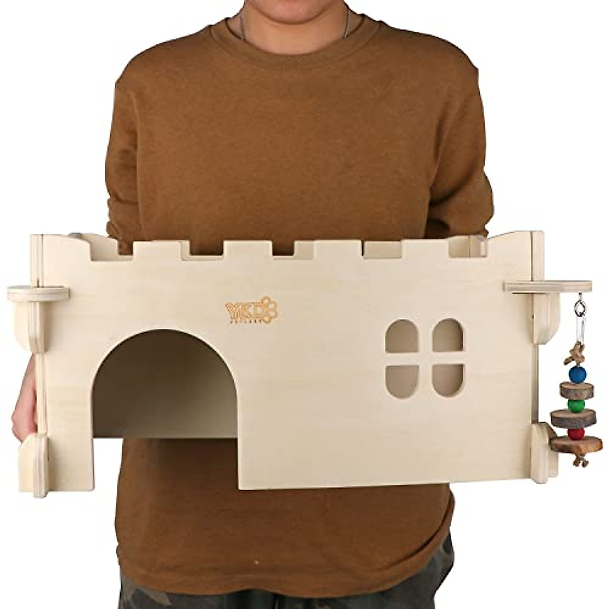 Castle Chinchilla House - Small Animal Hideout for Chinchilla Guinea Pig Hedgehog, or Rat - Ventilated Wooden Guinea Pig Hut Habitat with Multiple Doors (Large)