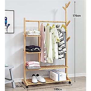 YXDFG Clothing Rack Bamboo Garment Rack,Rolling Clothes Rack,Multifunctional Bedroom Hanging Rack, 4 Layers Wardrobe Storage Shelves with Wheels 6 Hooks