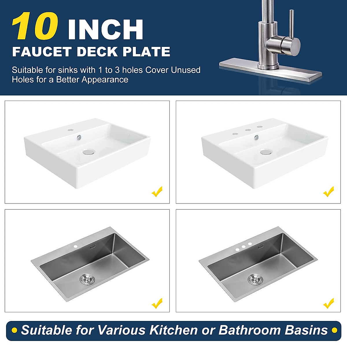 iVIGA 10" Sink Faucet Hole Cover Deck Plate for Bathroom & Kitchen Vanity Sink, Faucet Brushed Nickel Escutcheon Plate Stainless Steel Outside Faucet Cover Cap Rectangle Mixer Tap