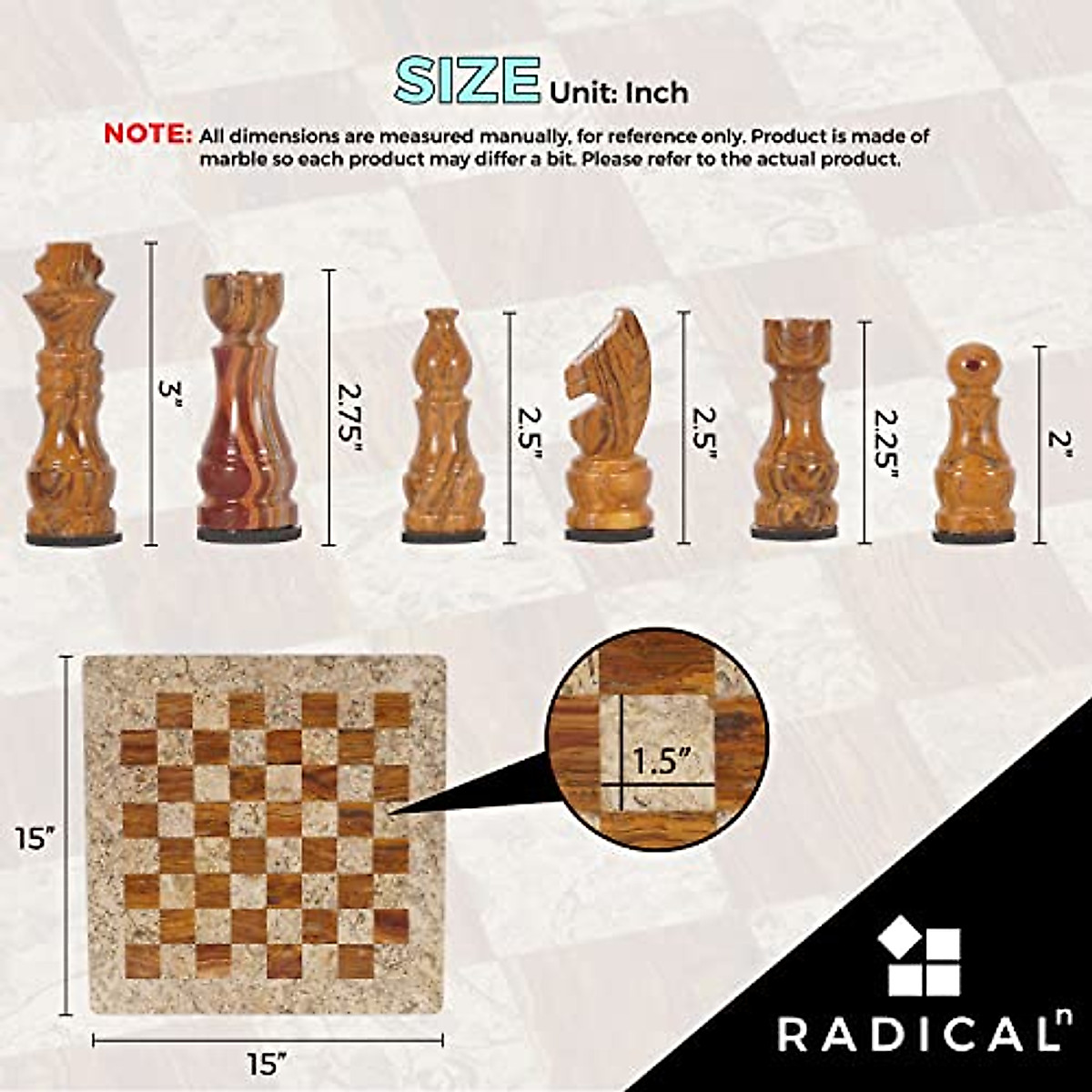 RADICALn 15 Inches Fossil Coral and Dark Brown Weighted Handmade Marble Most Popular Chess Board Games Set - Classic Style Staunton Home Decor Chess Set