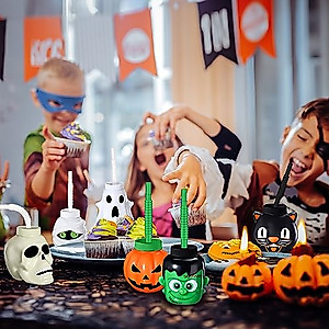 Umigy Halloween Cup for Kids 10 oz Halloween Reusable Plastic Cup Bulk Halloween Skull Ghost Mummy Green Giant Black Cat Pumpkin Shape Cup with Lid and Straw for Gift Party Favor Supplies (12 Pack)