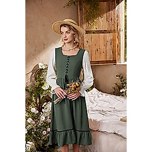 Renaissance Faire Costume Women Long Sleeve Midi Dress Modest Dress A Line Ruffle Medieval Dress Green L