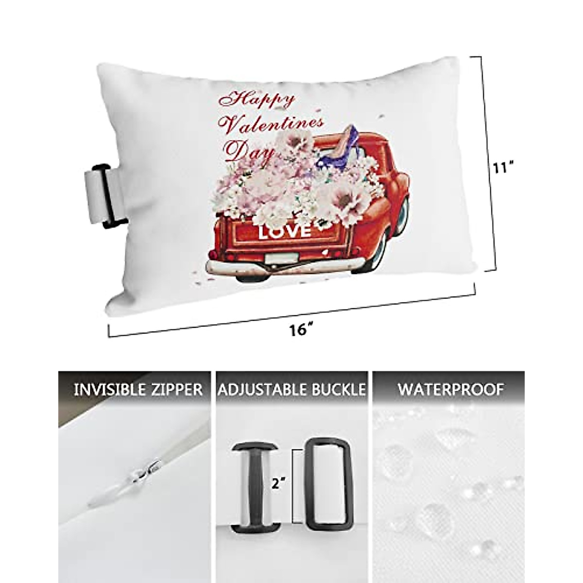 Happy Valentine's Day Red Truck Outdoor Pillows for Chaise Lounge Chair, Romantic Rose High Heels Waterproof Lumbar Head Support Pillow with Adjustable Elastic Band for Pool Patio Furniture Decorative