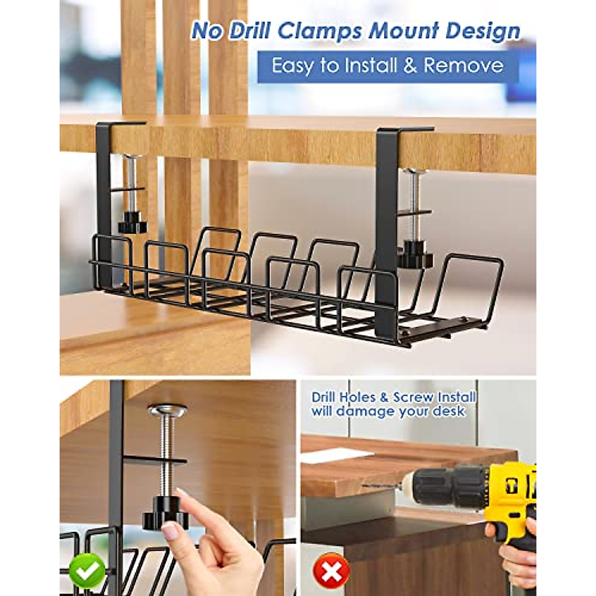 Under Desk Cable Management Tray, No Drill, 15.7'' Under Desk Cord Organizer with Clamp Cable Tray, Metal Under Desk Wire Management Wire Organizer Cord Management Tray for Desk, Classic Black