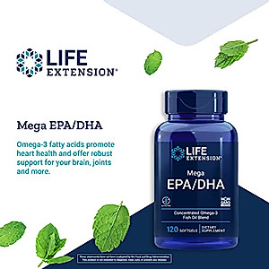 Life Extension Mega EPA/DHA – High Concentrated 2000mg Omega 3 Fatty Acid Fish Oil Blend Supplements - for Heart, Brain & Joint Health Support – Gluten-Free, Non-GMO – 120 Softgels