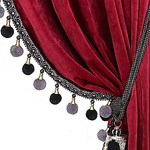 Luxury Pom Poms Curtain for Living Room Blackout Velvet 2 Panels Curtains Set Luxury Tassel Bedroom Curtains (Burgundy, (50W×84L)×2)