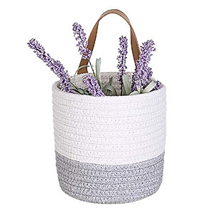 2pack Small Hanging Basket-Cotton Rope Wall Basket with Handle, Hanging Storage Basket, Shelf Baskets Storage Bin Closet Organizer 6"×6.3", Woven Plant Basket - (White & Grey)
