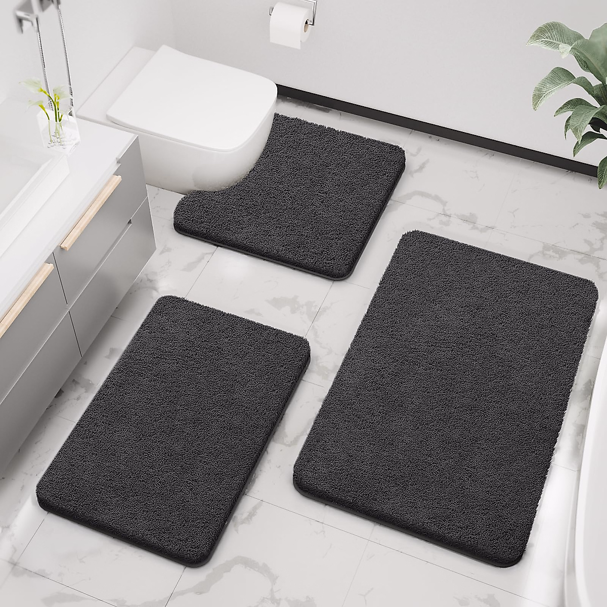 3 Piece Bathroom Rugs-Extra Soft and Absorbent Microfiber Bath Rugs, Non-Slip Plush Shaggy Luxury Mat with Rubber Backing, Machine Wash Dry, Bath Mats for Bathroom Floor, Tub and Shower, Deep Grey