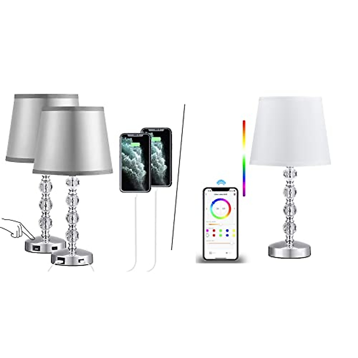 Unfusne Crystal Lamps for bedrooms Set of 3, Set of 2 Touch Control Table Lamps, Set of 1 RGB Smart Lamp