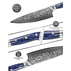 SANMUZUO Chef Knife - 8 inch - Xuan Series - VG10 Damascus Steel Kitchen Knife - Resin Handle (Sapphire Blue)