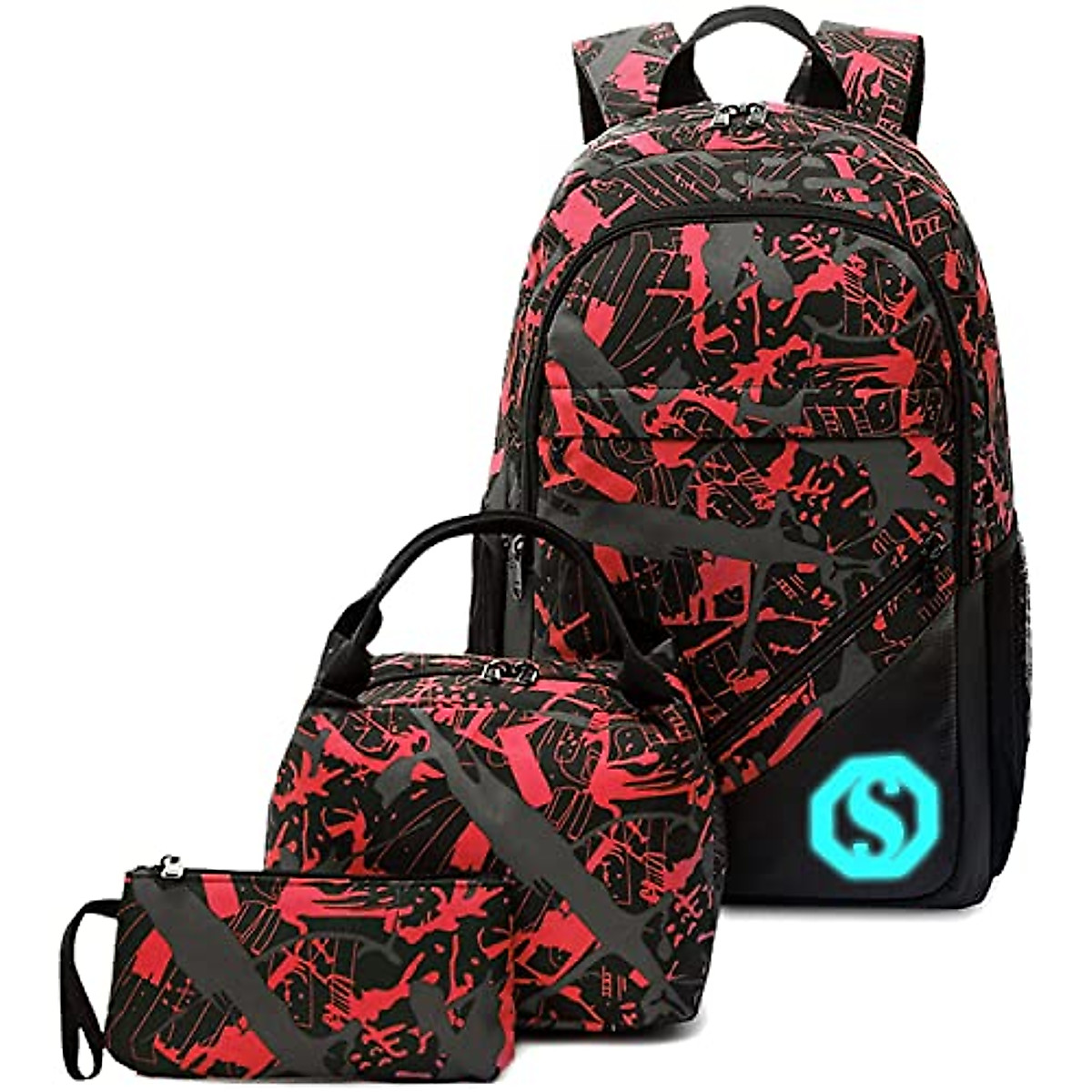 CAMTOP School Backpack Boys Kids School Bookbag Set Student Backpack with Lunch Box and Pencil Case (Graffiti - Red)