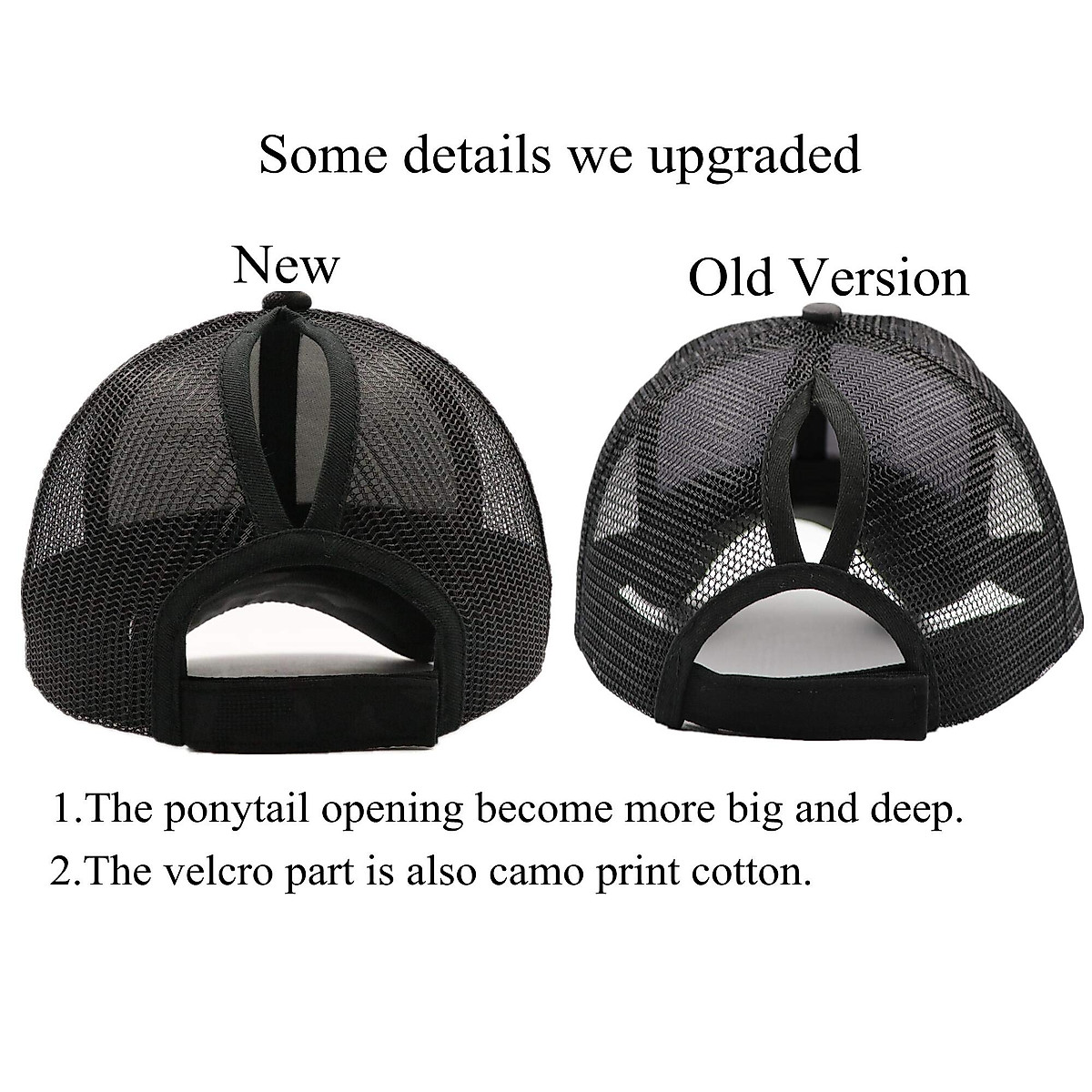 Womens Ponytail Messy High Buns Trucker Ponycaps Plain Baseball Cap Dad Hat Adjustable Snapback (001-2packs(Black camo+Grey camo), One Size)