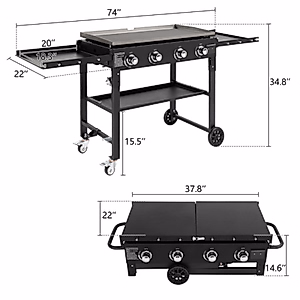 Commercial Griddle on Cart, 36" Heavy Duty Manual Flat Top Griddle, Outdoor Cooking Station with Side Shelves, Steel Natural Gas Griddle, 4-Burners Restaurant Portable Grill