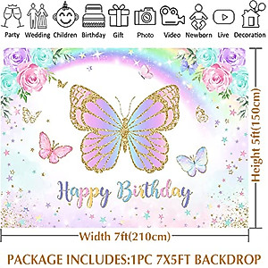 Avezano Pastel Butterfly Birthday Backdrops Girls Pink Butterfly Happy Birthday Party Background Rainbow Butterflies Bday Decorations Banner for Cake Table Supplies(7x5ft)