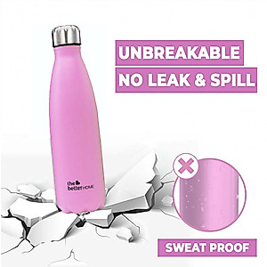 The Better Home 500 Stainless Steel Insulated Water Bottle 500ml Pink | Thermos Flask 500ml | Hot and Cold Steel Water Bottle 500ml | Food Grade & BPA Free Insulated Water Bottles (Pack of 2)