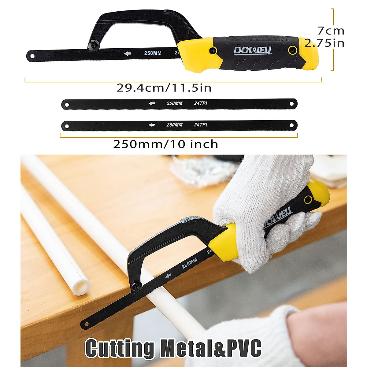DOWELL Hacksaw Frame Set Heavy Duty Handsaw 12-inch 10-inch 6-inch Mini Hacksaw Hand Saw 8 Extra Blades Multi-function for Metal Wood PVC Pipes