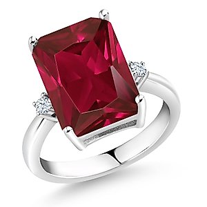 Gem Stone King 925 Sterling Silver Red Created Ruby Ring For Women (5.06 Cttw, Emerald Cut 14x10MM, Gemstone July Birthstone, Available In Size 5, 6, 7, 8, 9)