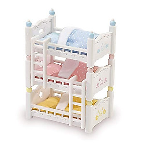 Calico Critters Triple Baby Bunk Beds, Dollhouse Toy Furniture, Multicolor, basic (CC2624), Set includes three beds, three mattresses with pillows, three blankets and two ladders
