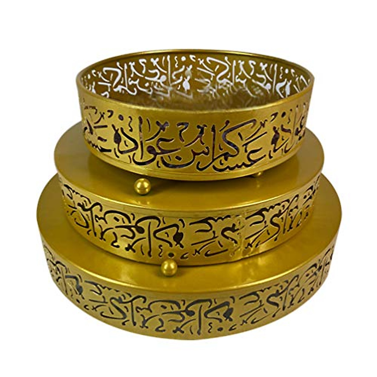 ABOOFAN 3Pcs Ramadan Eid Plate Iron Serving Tray Eid Ramadan Platter Round Candy Dish Snacks Dessert Holder Ramadan Mubarak Eid Party Supplies
