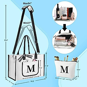 Friend Birthday Gifts for Women w Makeup Bag, Ini-tial Can-vas Tote Bag for Women, Personalized Couple Bride Valentines Gifts w Inner Pocket, Front Pocket, Shoulder Strap, Card, Gift Box, Beach Bag B