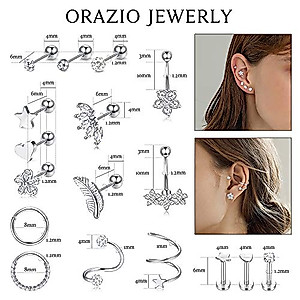 ORAZIO 17Pcs Cartilage Earrings For Women Surgical Steel Tragus Helix Daith Rook Conch Piercing Jewelry 16G Earrings