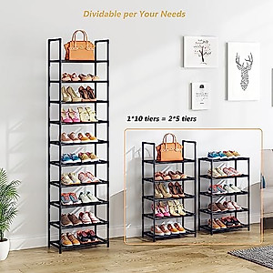 WOKKOW 10 Tiers Tall Shoe Rack for Closet Entryway 20-25 Pairs Shoe Closet Organizers and Storage Free Standing Shoe Shelf Shoe Storage with Hooks