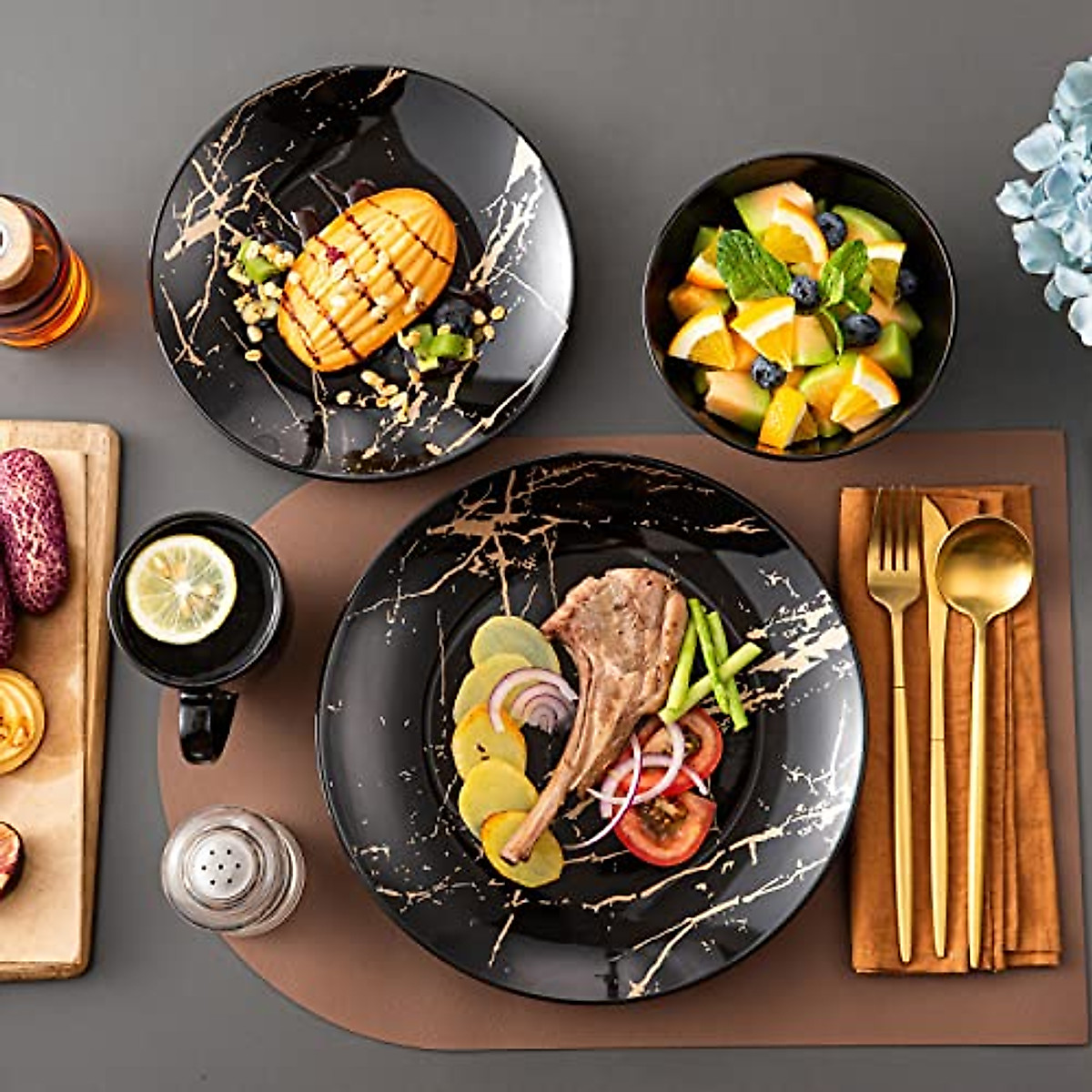 LOVECASA Black Dish Set for 8, 32 Piece Porcelain Dinnerware Sets Plates and Bowls Sets, Gold Splash Glaze Round Dinner Plates, Stylish and Modern Dinner Set with Mugs, Dishwasher & Microwave Safe