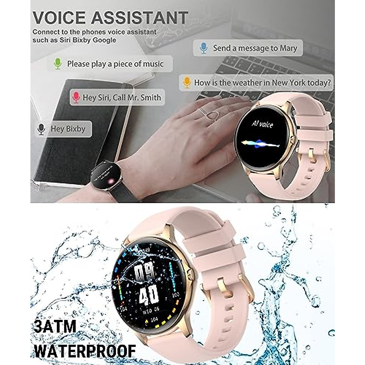 Holiday Smart Watch for Women (Answer/Make Calls), 1.3” HD Full Touch Screen Heart Rate/Sleep Monitor/Pedometer, 100 Sports 3ATM Waterproof Fitness Watch for Android iOS Phone