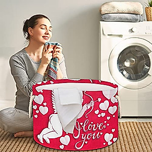 Love You Heart Pattern Large Round Baskets for Storage Laundry Baskets with Handles Blanket Storage Basket for Bathroom Shelves Bins for Organizing Nursery Hamper Girl Boy