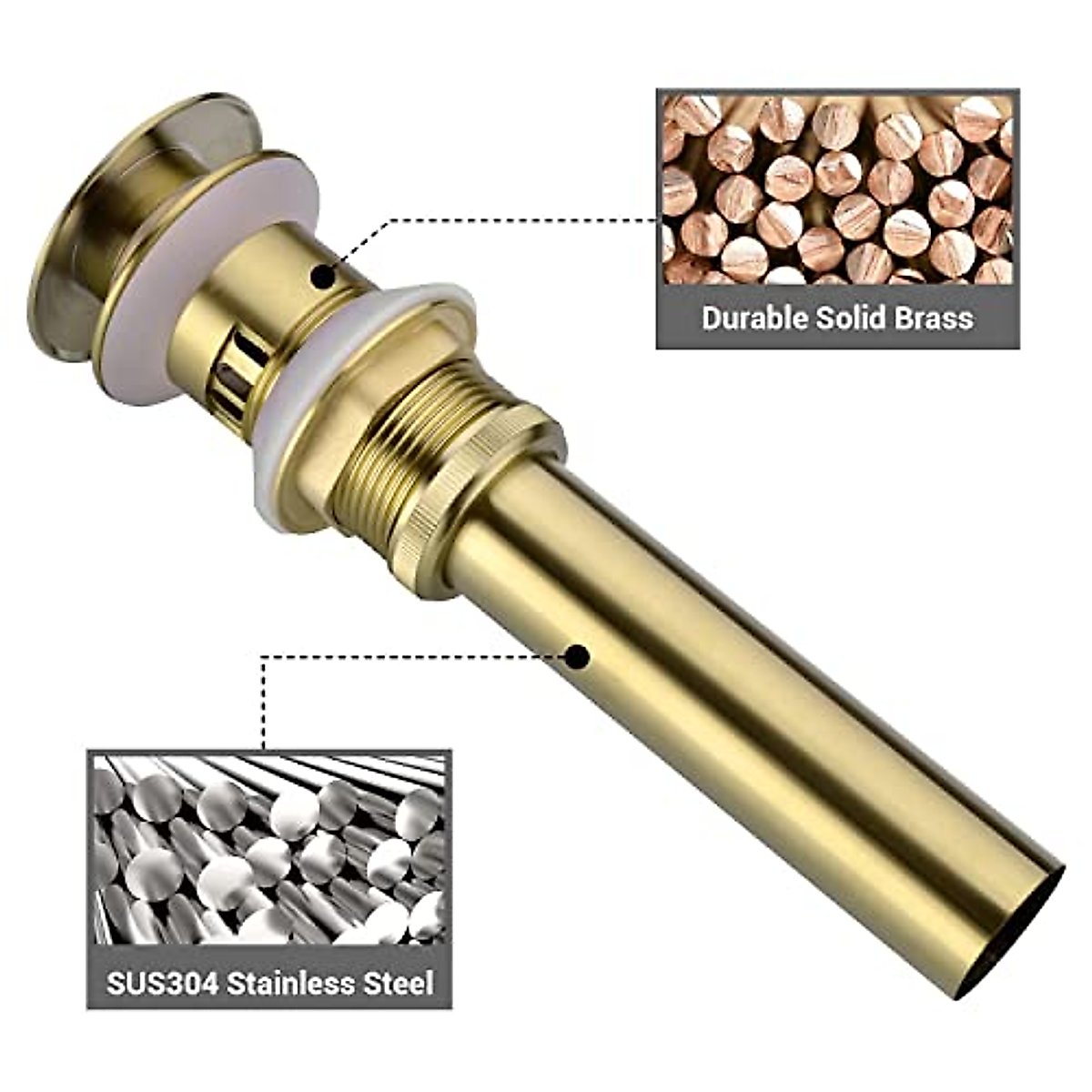 Pop Up Drain with Detachable Basket Stopper, Brass Overflow Bathroom Faucet Sink Drain with Built-in Anti-Clogging Strainer, Brushed Gold