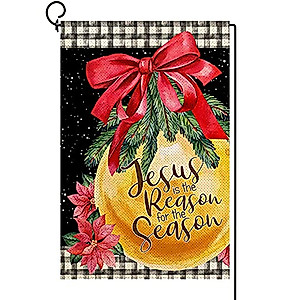 Baccessor Christmas Jesus is the Reason for the Season Garden Flag Burlap Double Sided, Nativity Religion Jingling Bell Red Bow-knot Flag Winter Holiday Xmas Yard Outdoor Decoration 12.5x18 Inch