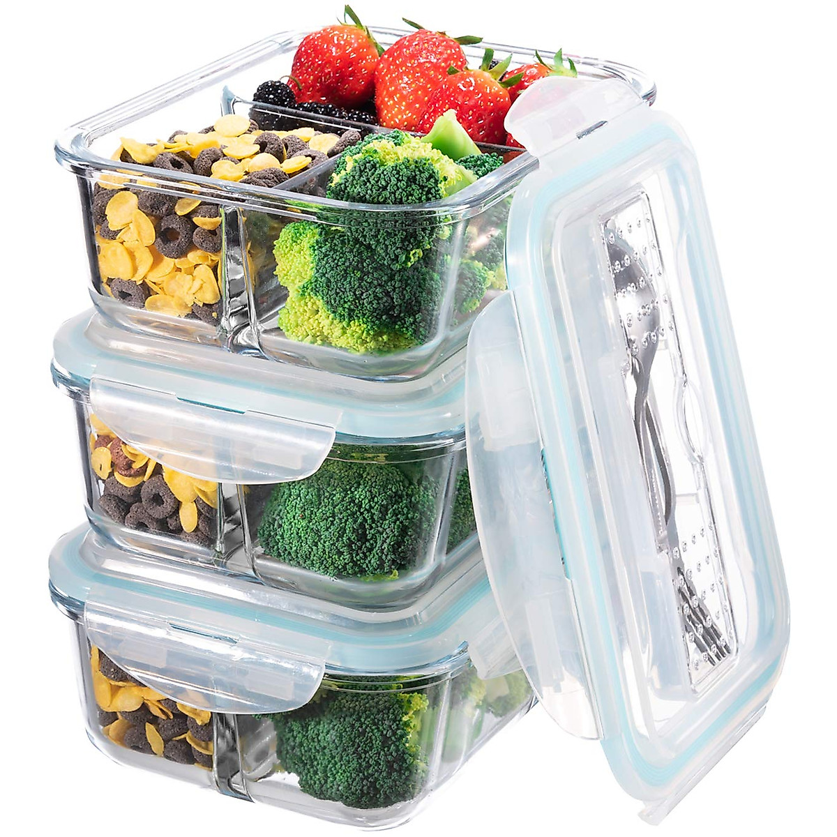 S SALIENT Glass Meal Prep Containers 3 Compartment - Bento Box Glass Lunch Containers - Meal Prep Glass Container-Food Storage Containers with Lids-Portion Control Food Containers Glass(3-Pack,36 OZ)