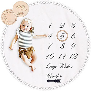 Baby Milestone Monthly Blanket with Double-Sided Milestone Cards and Circle Ring Play Mat Large(43.3" X43.3') Double Sided Pom Pom Ball Thick Flannel Round Rug for Boy Girl, Baby Photography Props