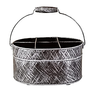 Black & Silver Metalic Caddy Plain 10.5 x 8 x 5 - Galvanized Metal Organizer for Kitchen Counter - Comfortable Wooden Handle /Indoor/Outdoor Storage For Flatware, Condiments, Party Cutlery, Arts