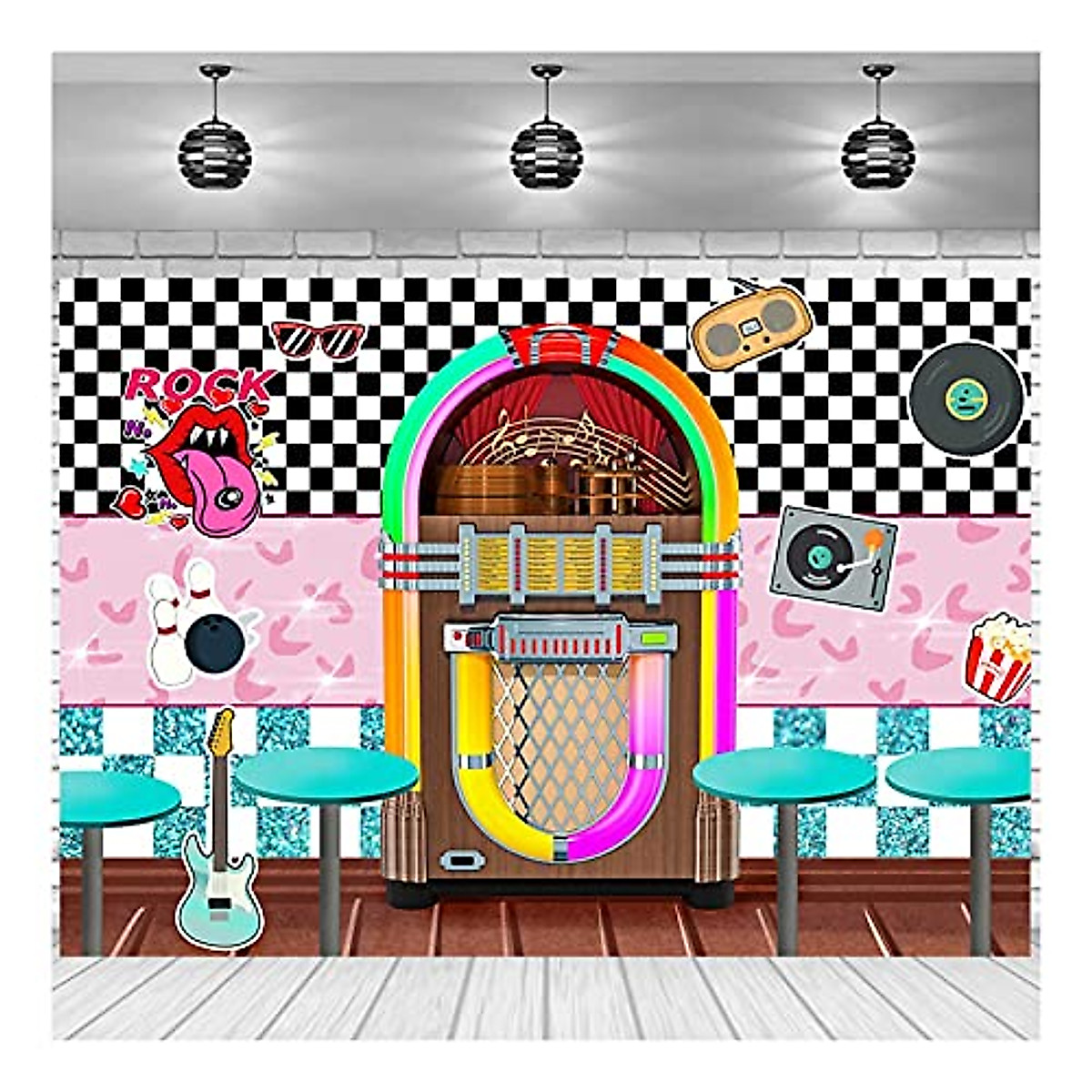 XLL Rock Roll Party Back to 50's Sock Hop Photography Background Back to 1950s Soda Shop Photo Backdrops 50s Retro Diner Time Rock Roll Classic Party Decoration Banner 7x5ft