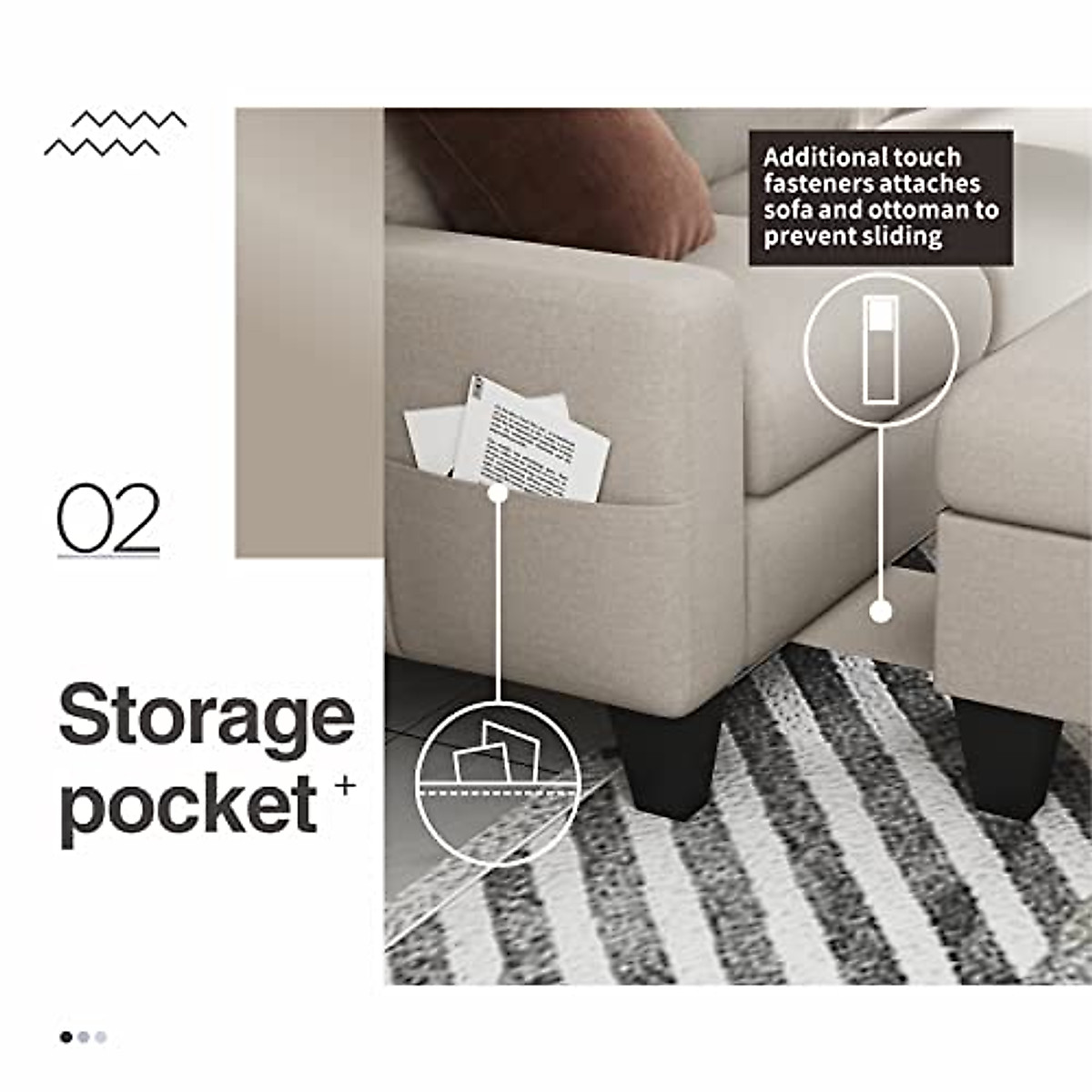 Sunrise Coast Sectional L-Shaped Sofa Modern Linen Fabric 3-Seat Couch with Convertible Storage Ottoman Beige Living Room Furniture Set for Apartment Loft Small Spaces