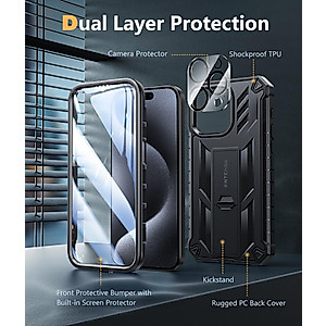 FNTCASE for iPhone 15-Pro-Max Case: Military Grade Drop Proof Rugged Protective Cell Phone Cover with Kickstand & Built-in Protector | Matte Textured Shockproof TPU Hybrid Bumper Cases (Black)