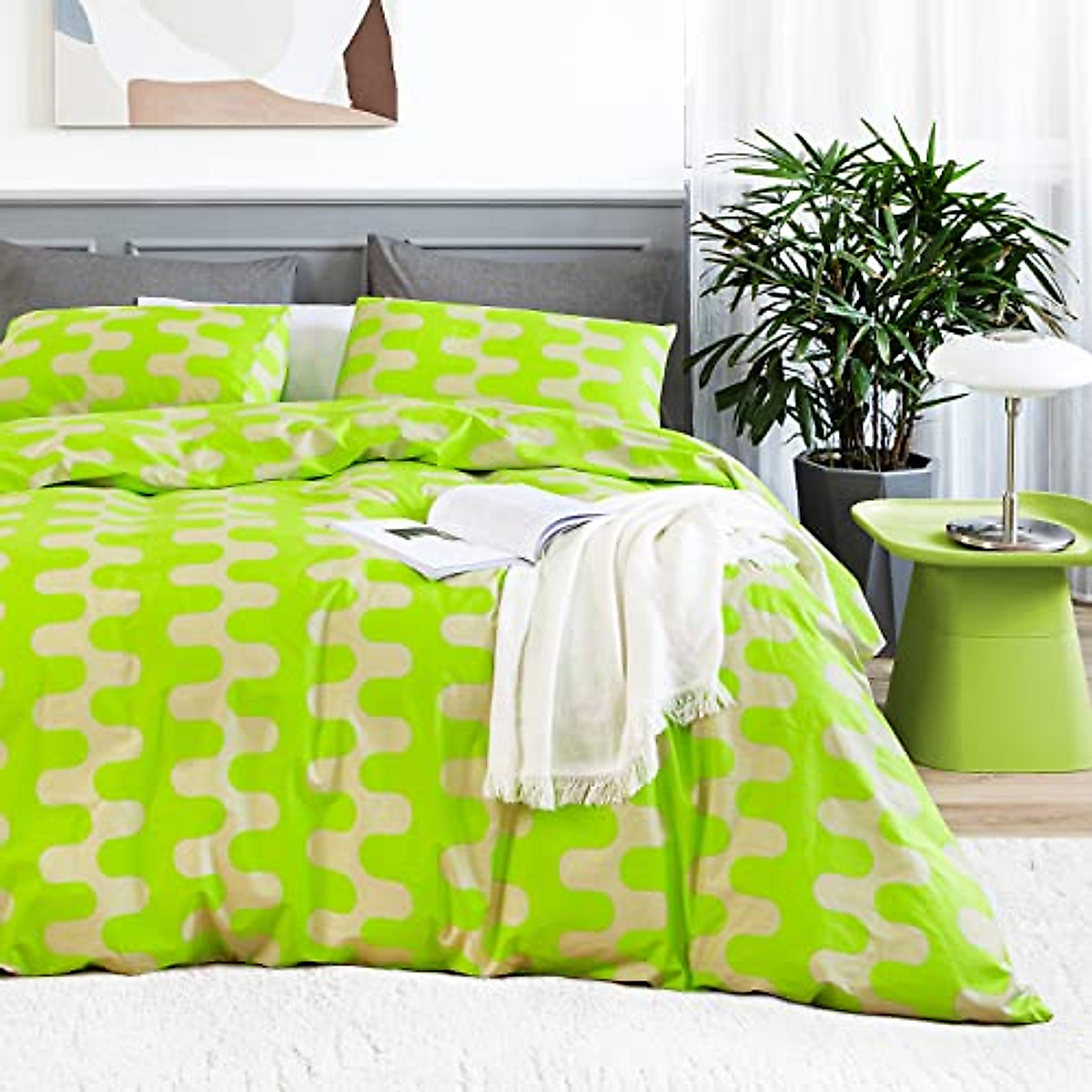 YuHeGuoJi Green Duvet Cover Queen 100% Cotton Striped Duvet Cover 3 Pcs Set 1 Fluorescent Green Geometric Duvet Cover with Zipper Ties 2 Pillowcases Modern Farmhouse Abstract Beige Bedding