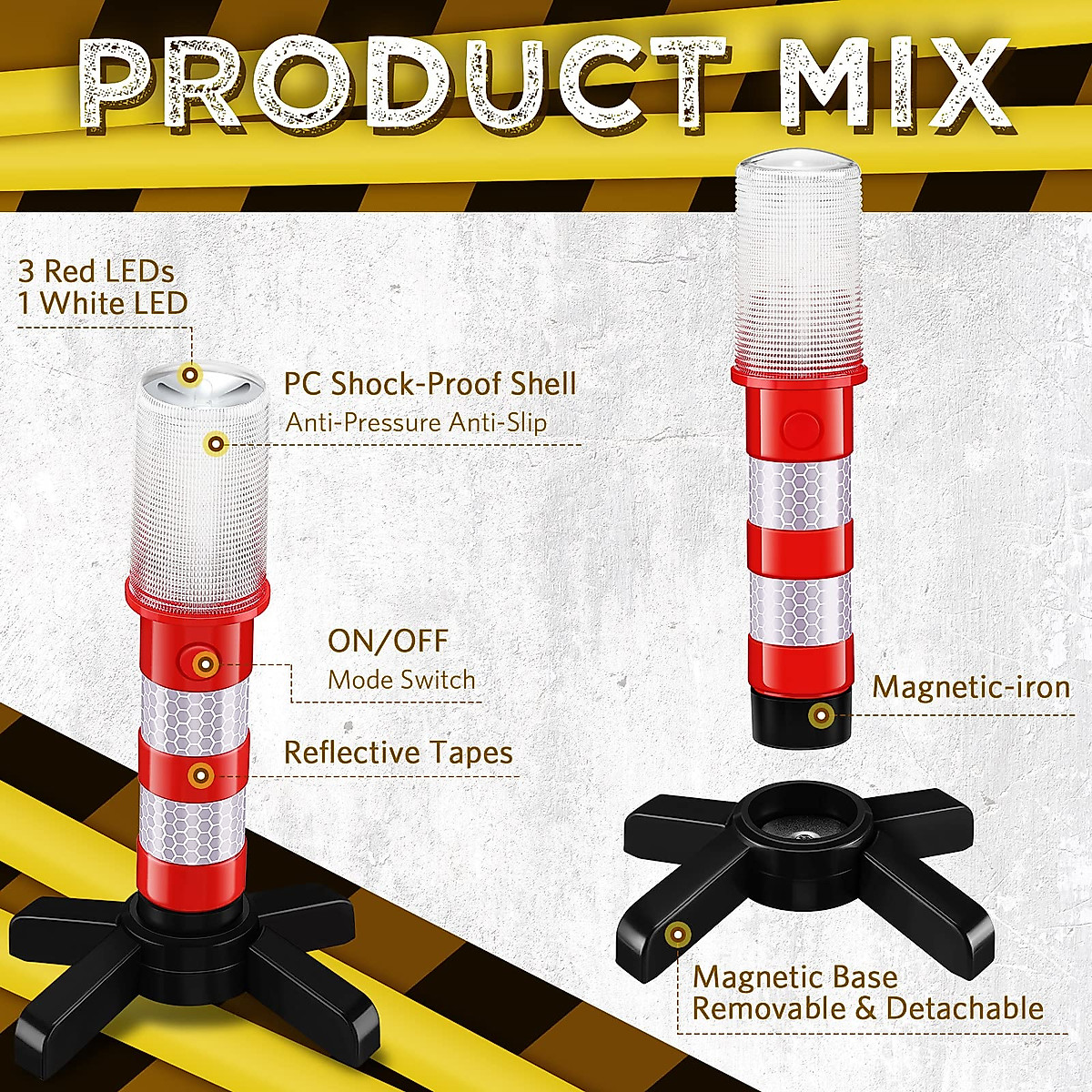 6 Pcs LED Road Flares Emergency Warning Light Bright Red Highway Beacon Safety Strobe Light Roadside Flares Lights with Magnetic Bases and Detachable Stands for Car Truck Vehicles (Batteries Excluded)