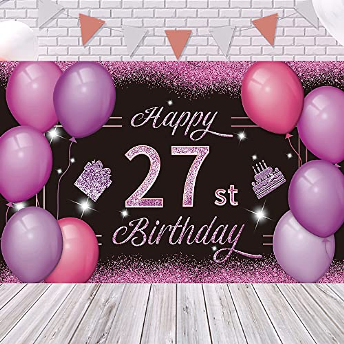 Happy 27st Birthday Backdrop Banner Pink Purple 27th Sign Poster 27 Birthday Party Supplies for Anniversary Photo Booth Photography Background Birthday Party Decorations, 72.8 x 43.3 Inch