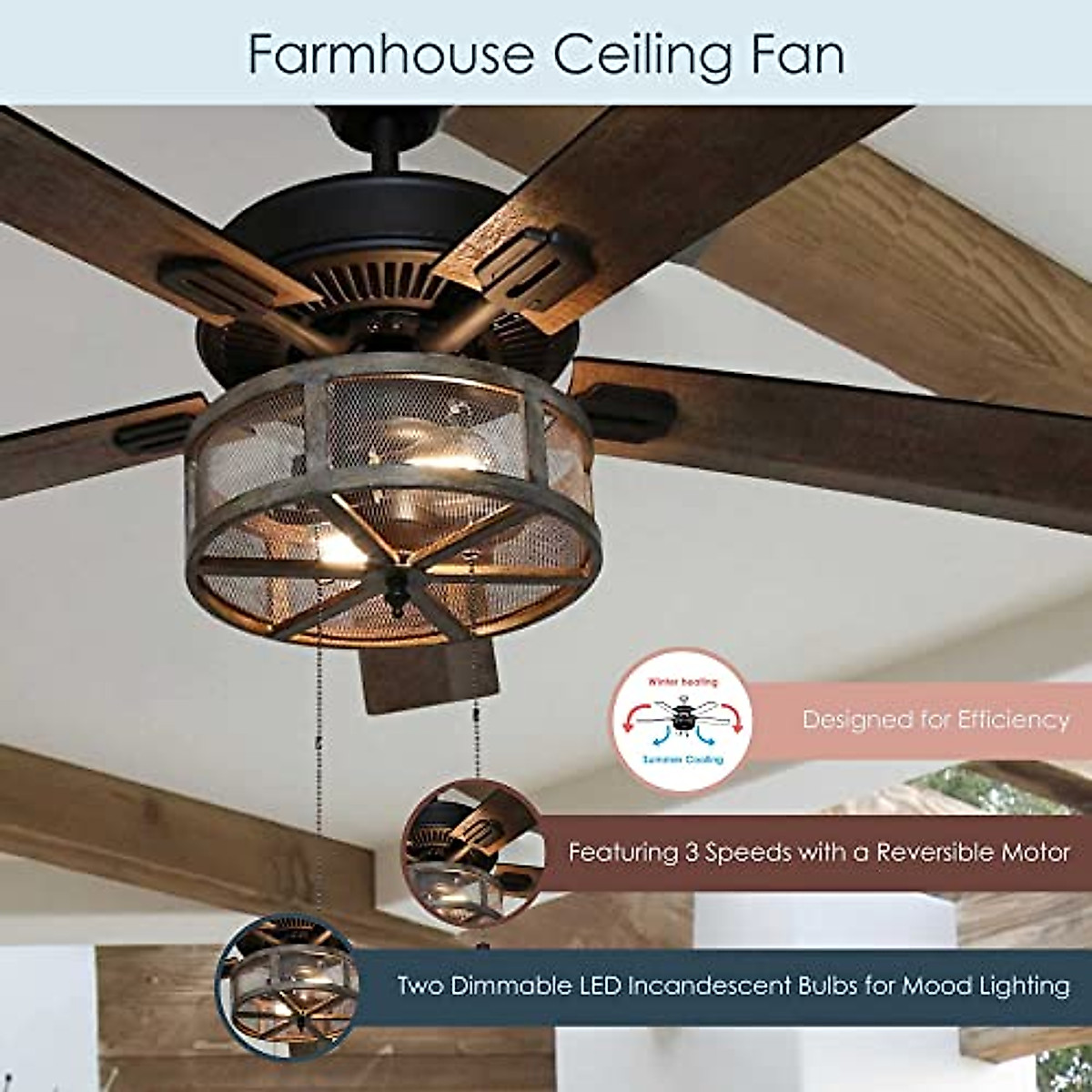 RIVER OF GOODS 52 Inch LED Modern Farmhouse Ceiling Fan with Light - Rustic Ceiling Fans with Lights - Elegant Industrial Fan with Mesh Metal Caged Shade - Brown