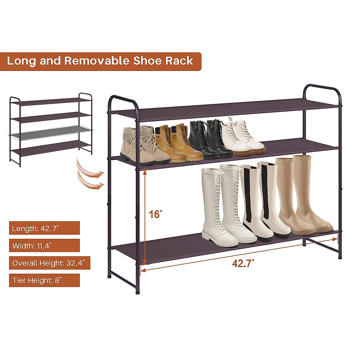 KIMBORA 4 Tier Long Shoe Rack for Closet, Wide Shoe Storage Organizer Stackable Shoe Shelf for Floor, Bedroom 30-Pairs (Bronze)