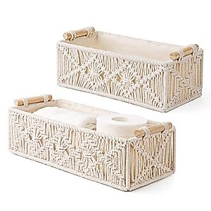 Mkono Macrame Storage Baskets Boho Decor Box Handmade Woven Decorative Countertop Toilet Tank Shelf Cabinet Organizer for Bedroom Livingroom Home, Set of 2, Ivory