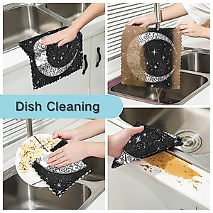 Vintage Hand Drawn Retro Face of The Moon Stars on Black 6 Set Kitchen Dish Towels, Washcloths Cleaning Cloths Dish Cloths, Absorbent Towels Lint Free Bar Tea Soft Waffle Towel 11"x11"