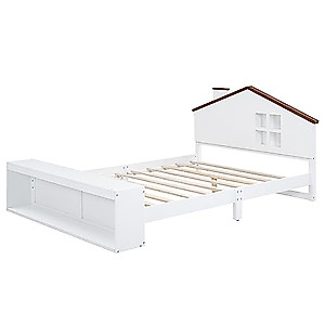 Vierniya Kid Platform Bed with House Shaped Headboard Full Size Wooden Bed Frame with Storage Cube and LED Lights, Low Bed for Boy Girl (White)